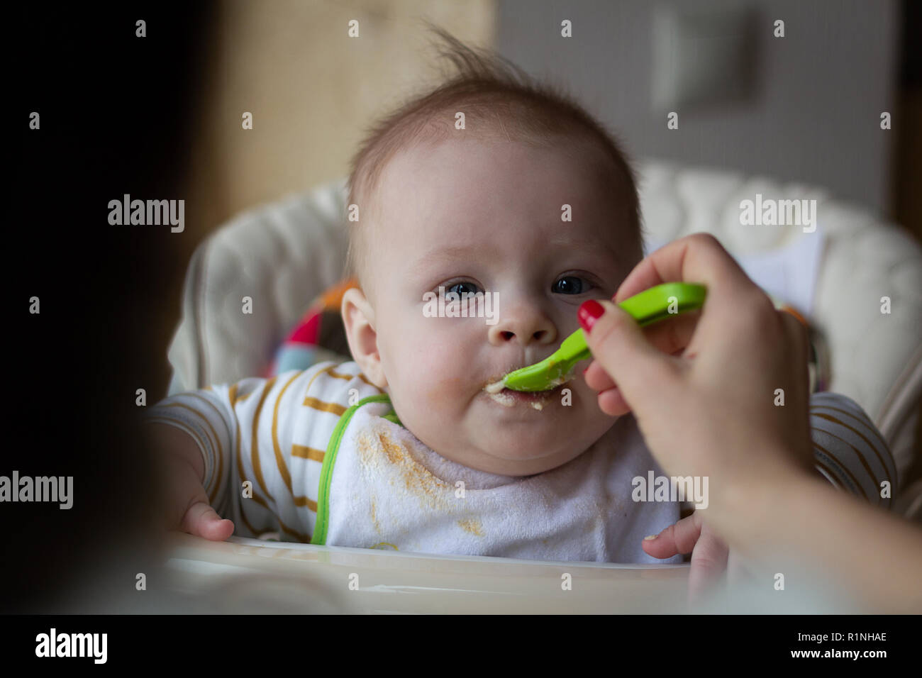 The first feeding of the baby from the spoon. Mom feeds baby ...