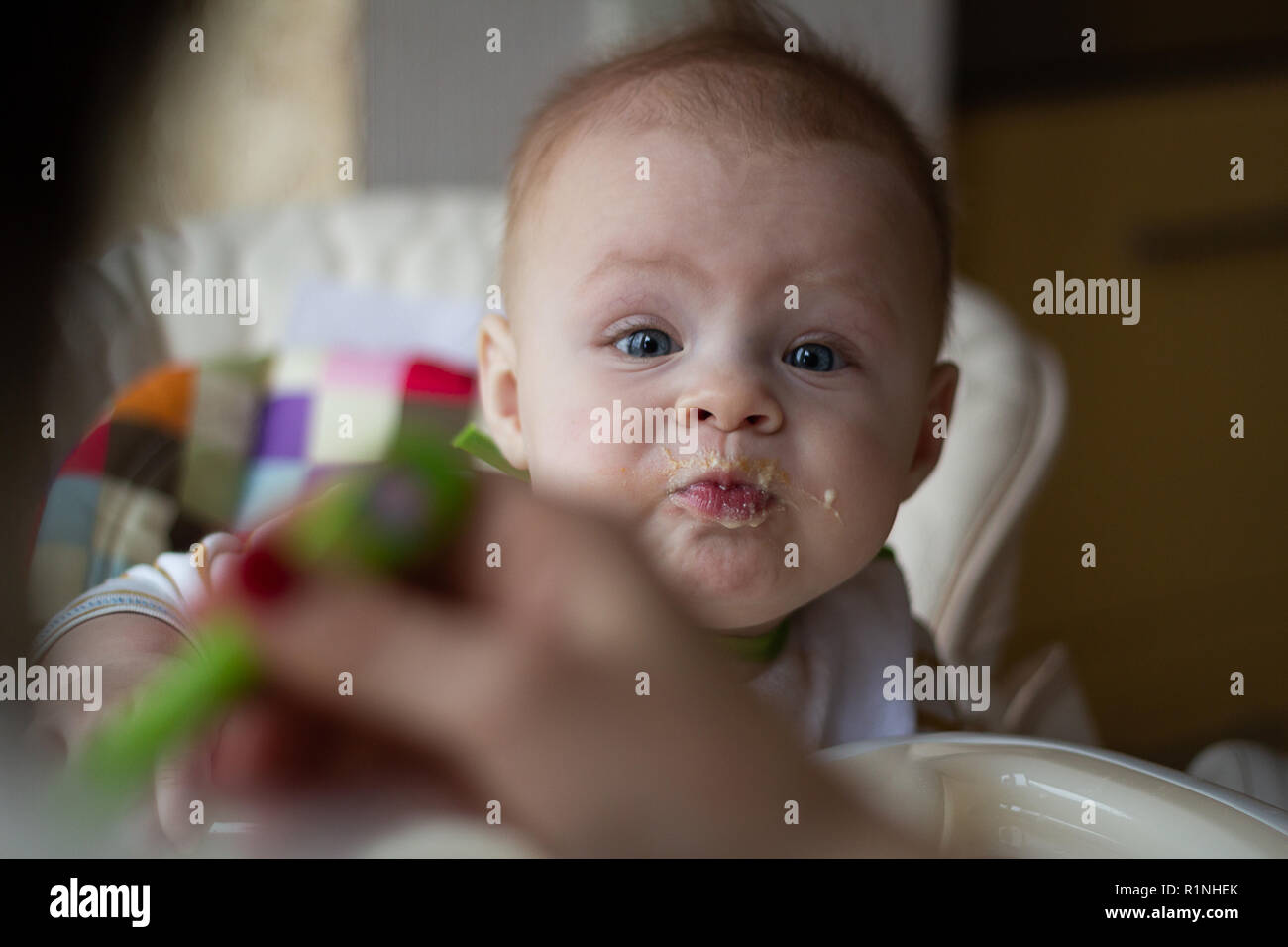 The first feeding of the baby from the spoon. Mom feeds baby ...