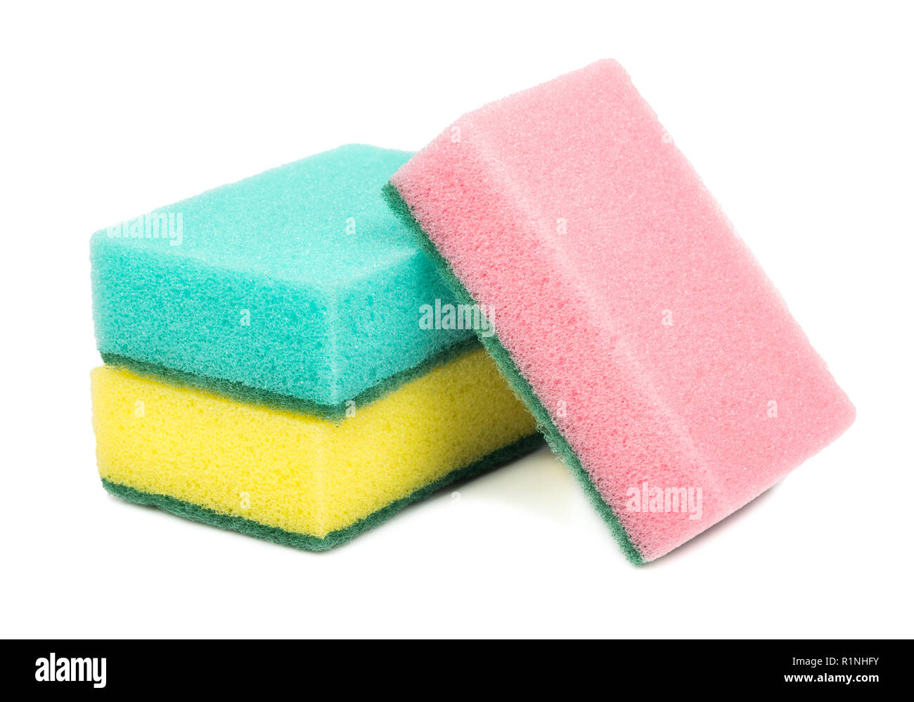 Three colored sponges for washing dishes on white background Stock ...