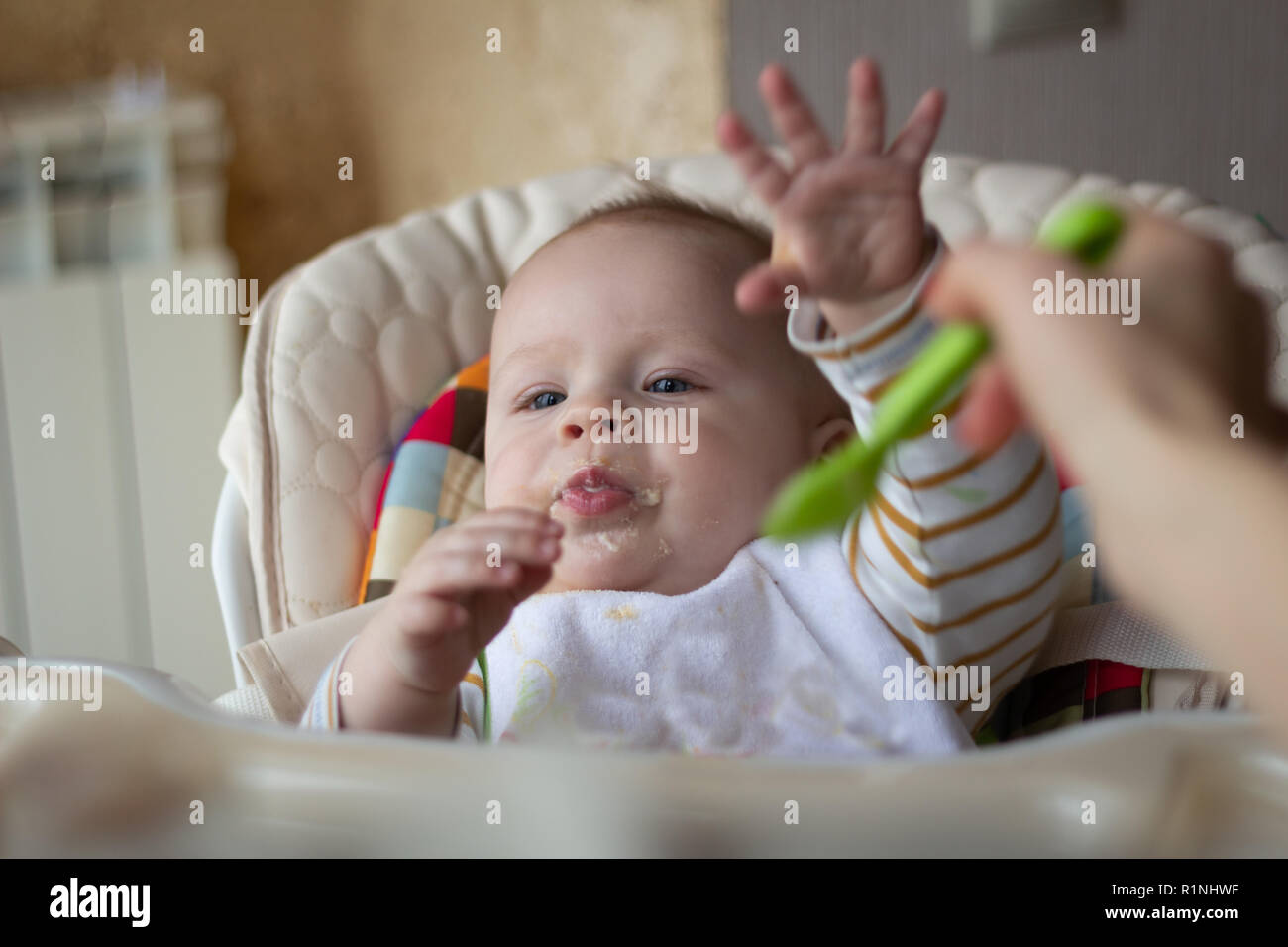 The first feeding of the baby from the spoon. Mom feeds baby ...