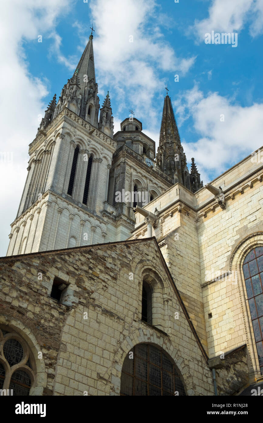Looking up at the twin spires of Cathedral St Maurice in spring ...
