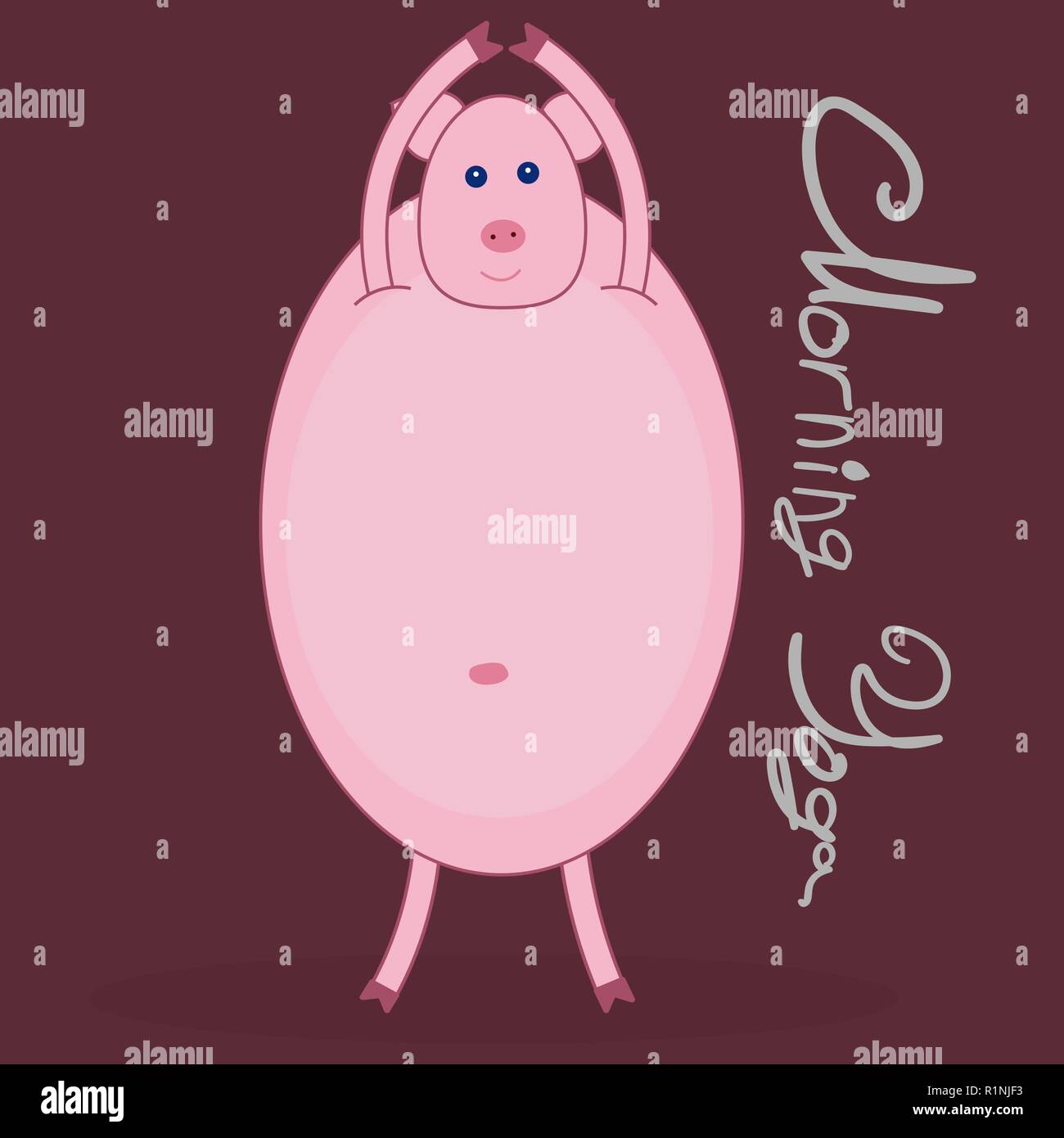 Morning yoga with a pig. Pig stands and pulls his hands up. Dark red ...