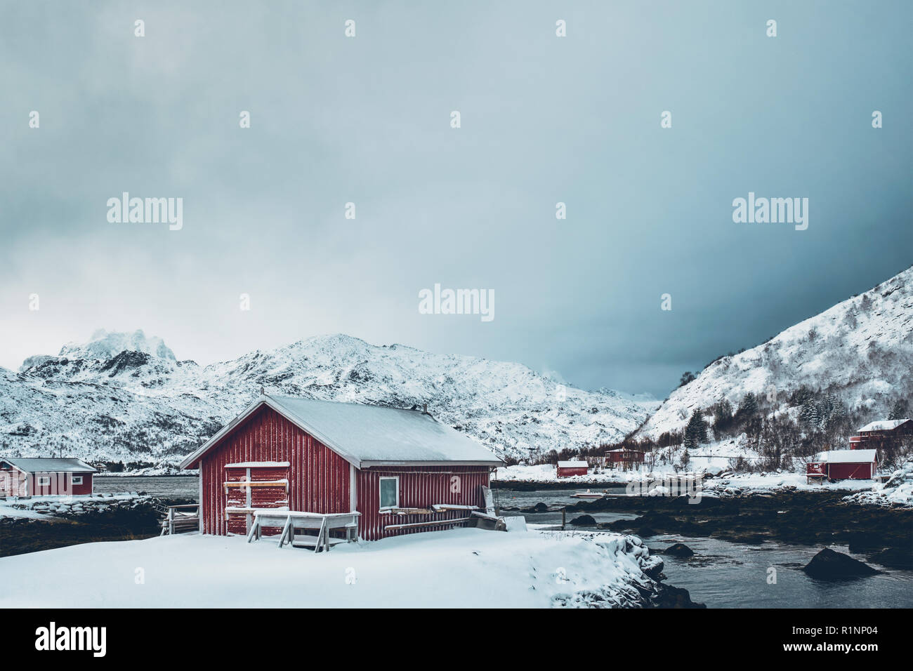 Red rorbu house in winter, Lofoten islands, Norway Stock Photo - Alamy