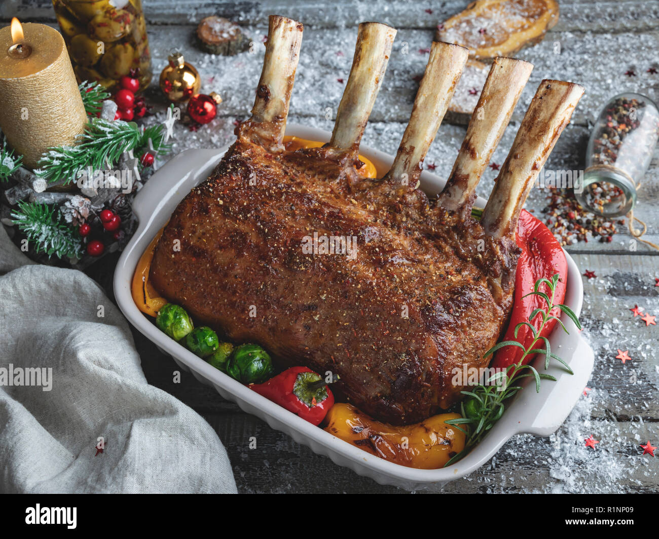 Grilled roasted rack of lamb,mutton with vegetables. New Year christmas ...
