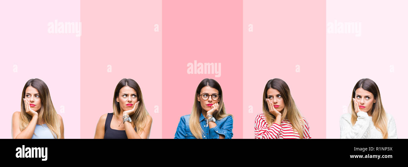 Collage of young beautiful woman over pink stripes isolated background ...