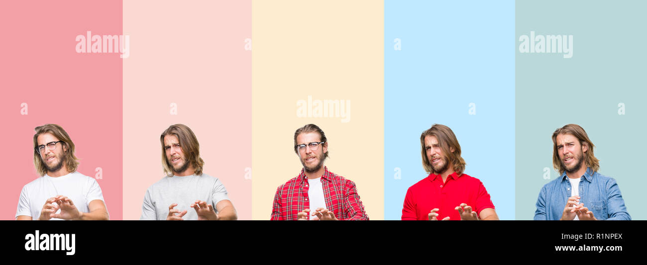 Collage of young handsome man over colorful stripes isolated background ...