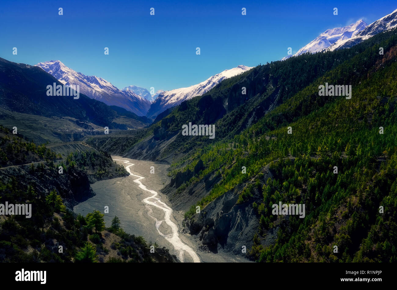 Landscape view of mountain valley and river in Himalayas, Annapurna ...
