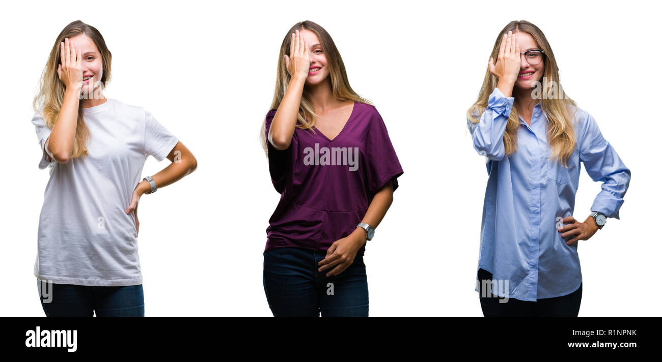 Collage of young beautiful blonde woman over isolated background ...