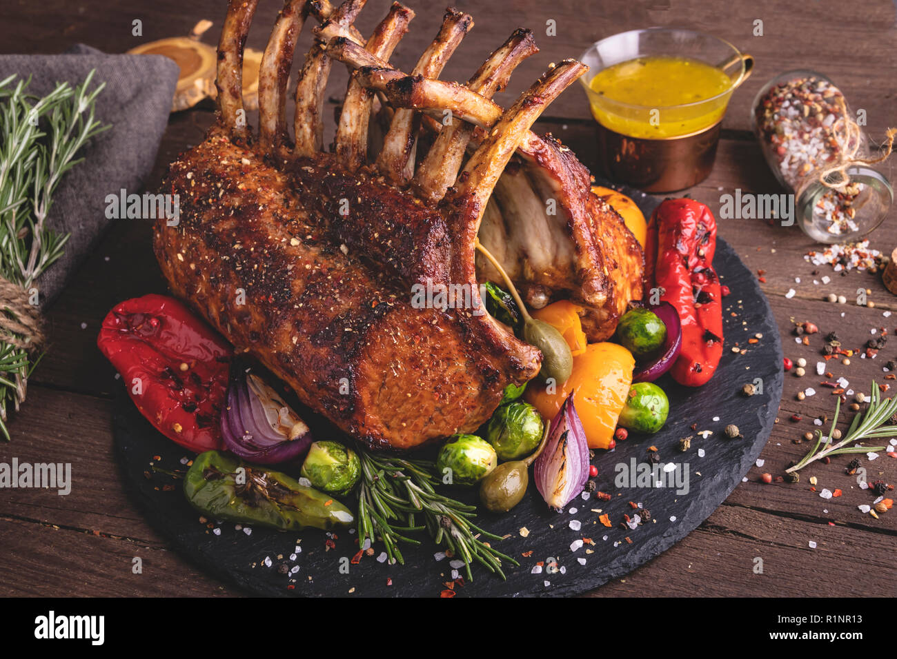 Grilled roasted rack of lamb,mutton with vegetables Stock Photo - Alamy