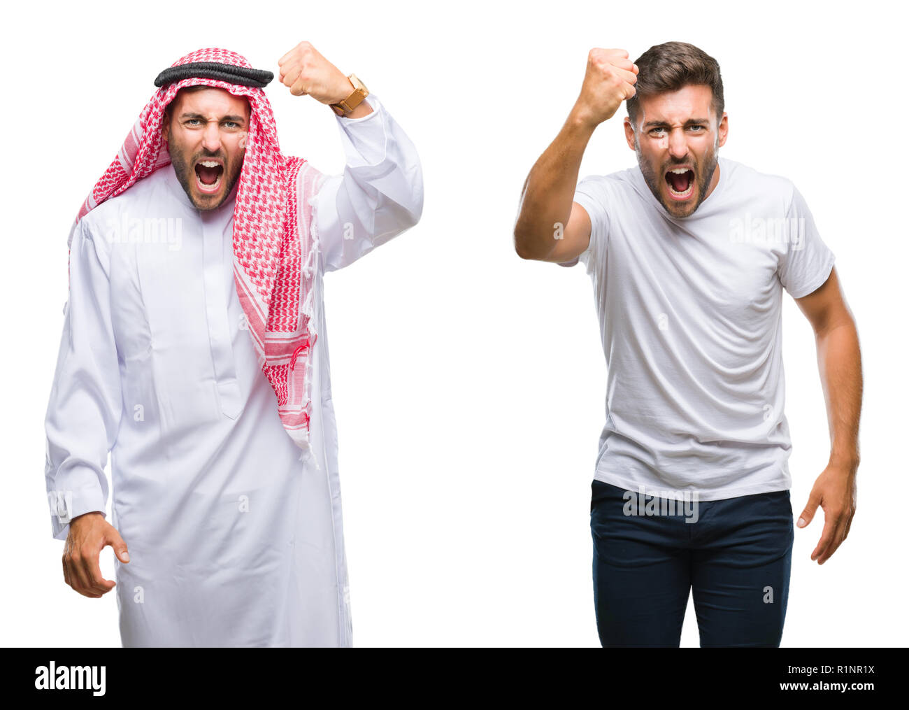 Collage of handsome young man and arab man over isolated background ...