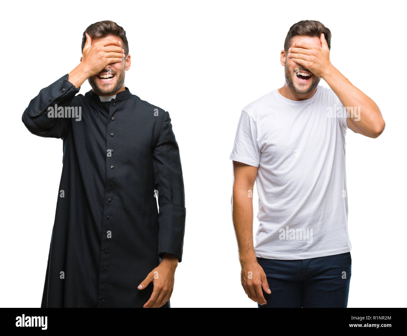 Collage of handsome young man and catholic priest over isolated ...