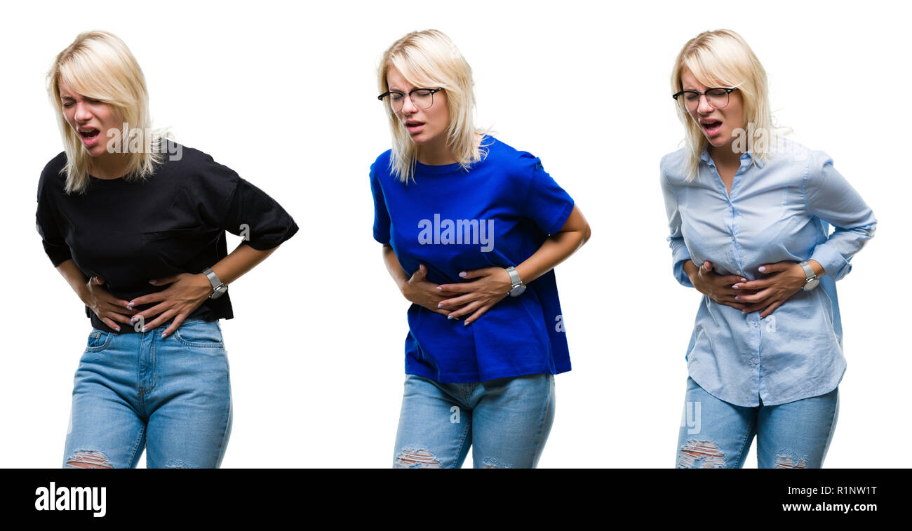 Collage of beautiful blonde woman over isolated background with hand on ...