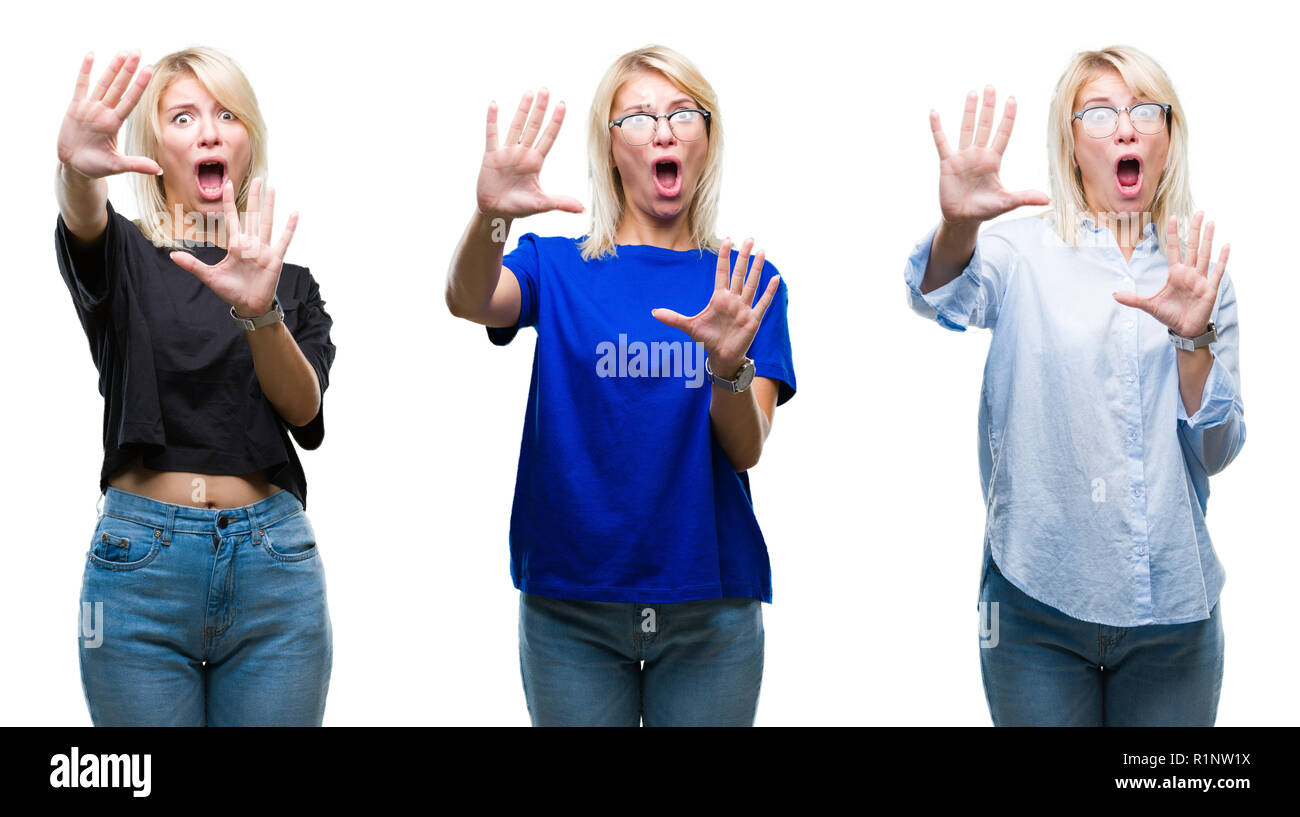 Collage of beautiful blonde woman over isolated background afraid and ...