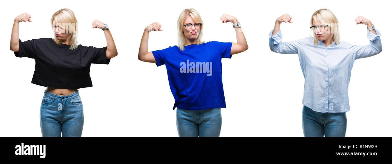 Collage of beautiful blonde woman over isolated background showing arms ...