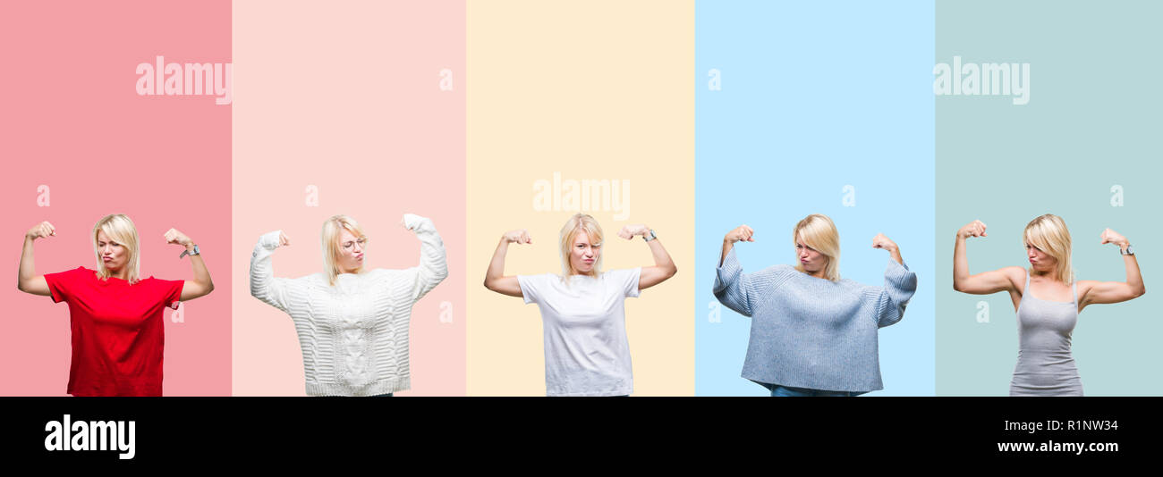 Collage of beautiful blonde woman over colorful stripes isolated ...