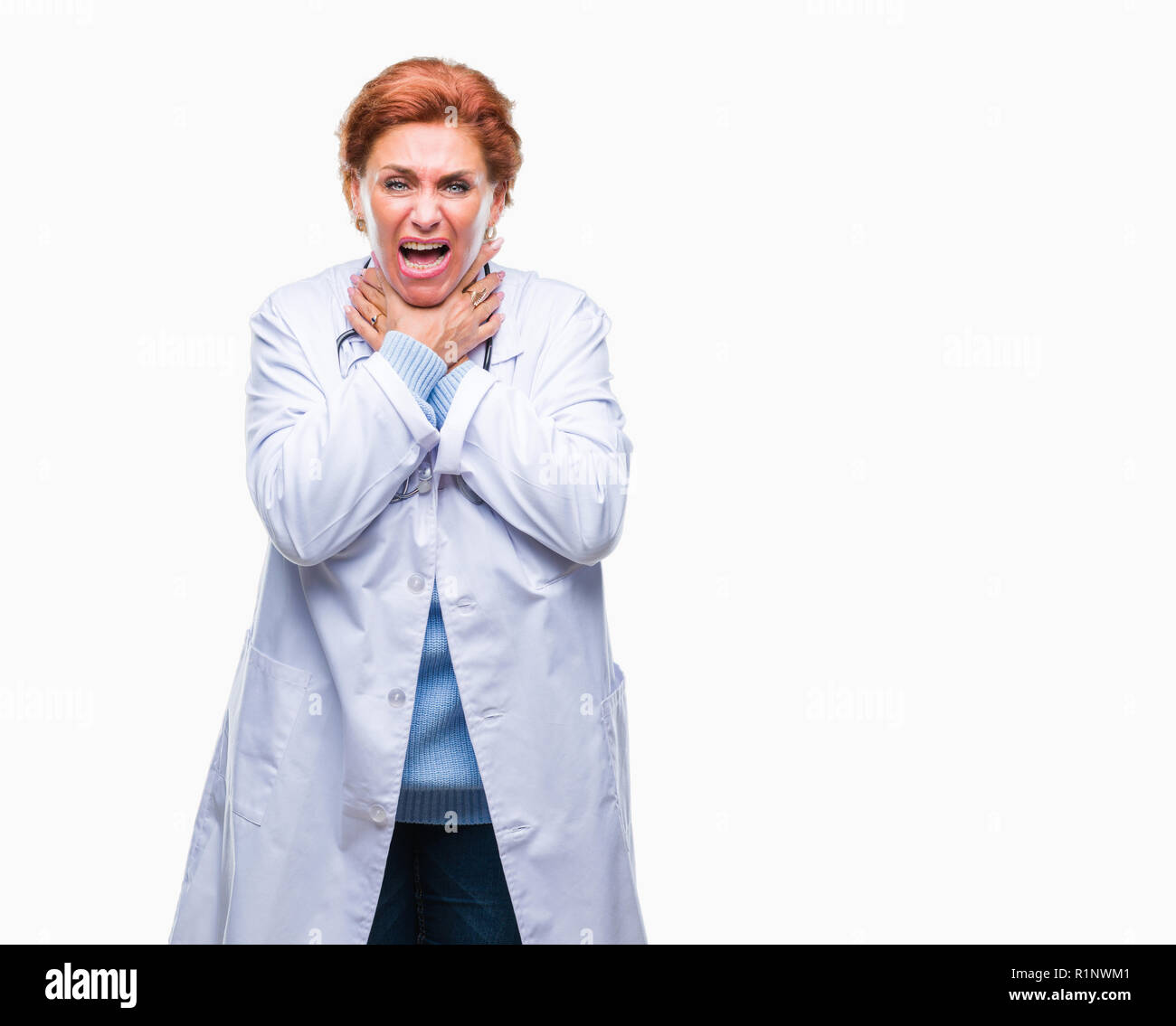 Senior caucasian doctor woman wearing medical uniform over isolated ...