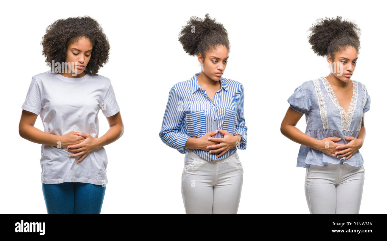Collage of african american woman over isolated background with hand on ...