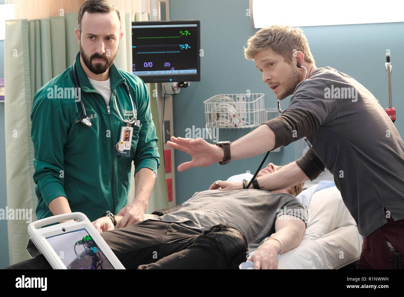 THE RESIDENT, from left: Tasso Feldman, Ty Trumbo, Matt Czuchry, 'Trial ...