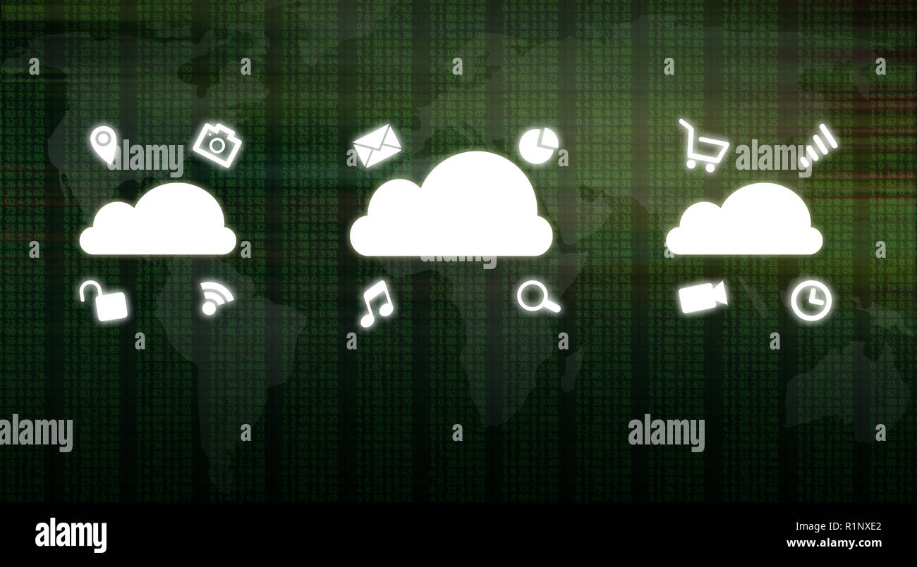Global Cloud Computing Concept Showing Media Icons Over Binary Code
