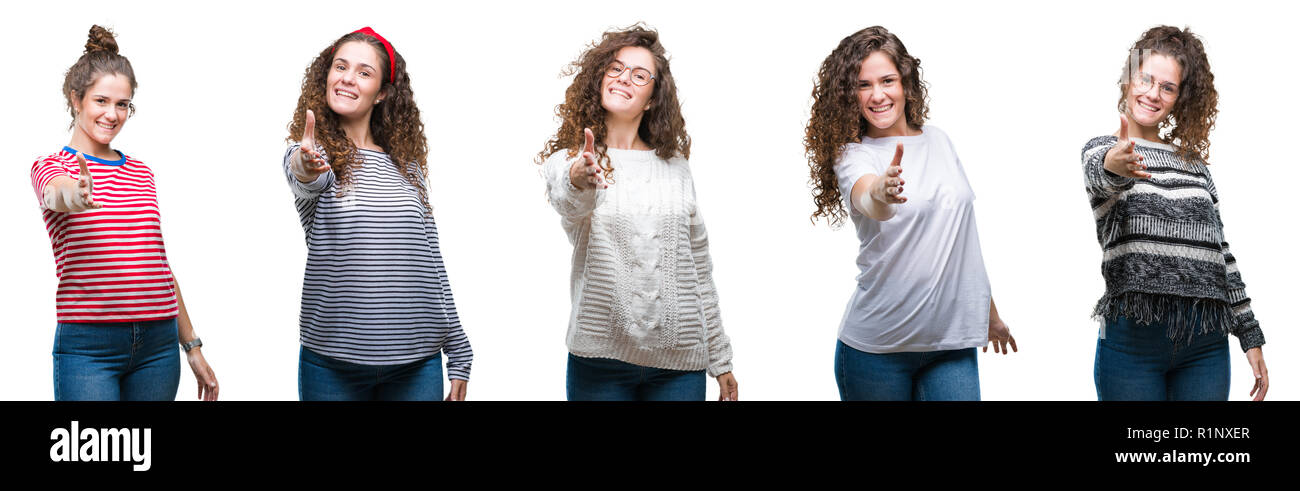 Collage of young brunette curly hair girl over isolated background ...