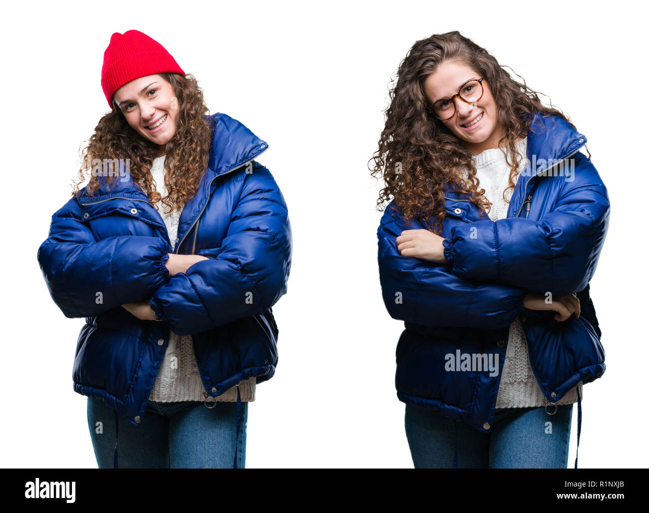 Collage of young brunette girl wearing winter wool cap and coat over ...