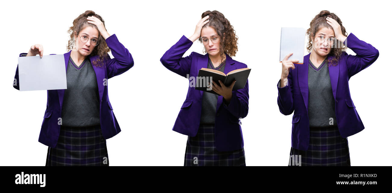Collage of young student girl wearing school uniform holding degree ...