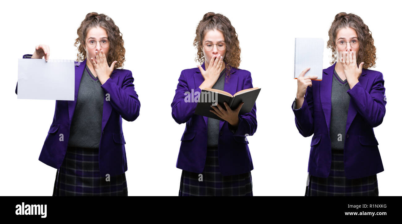 Collage of young student girl wearing school uniform holding degree ...