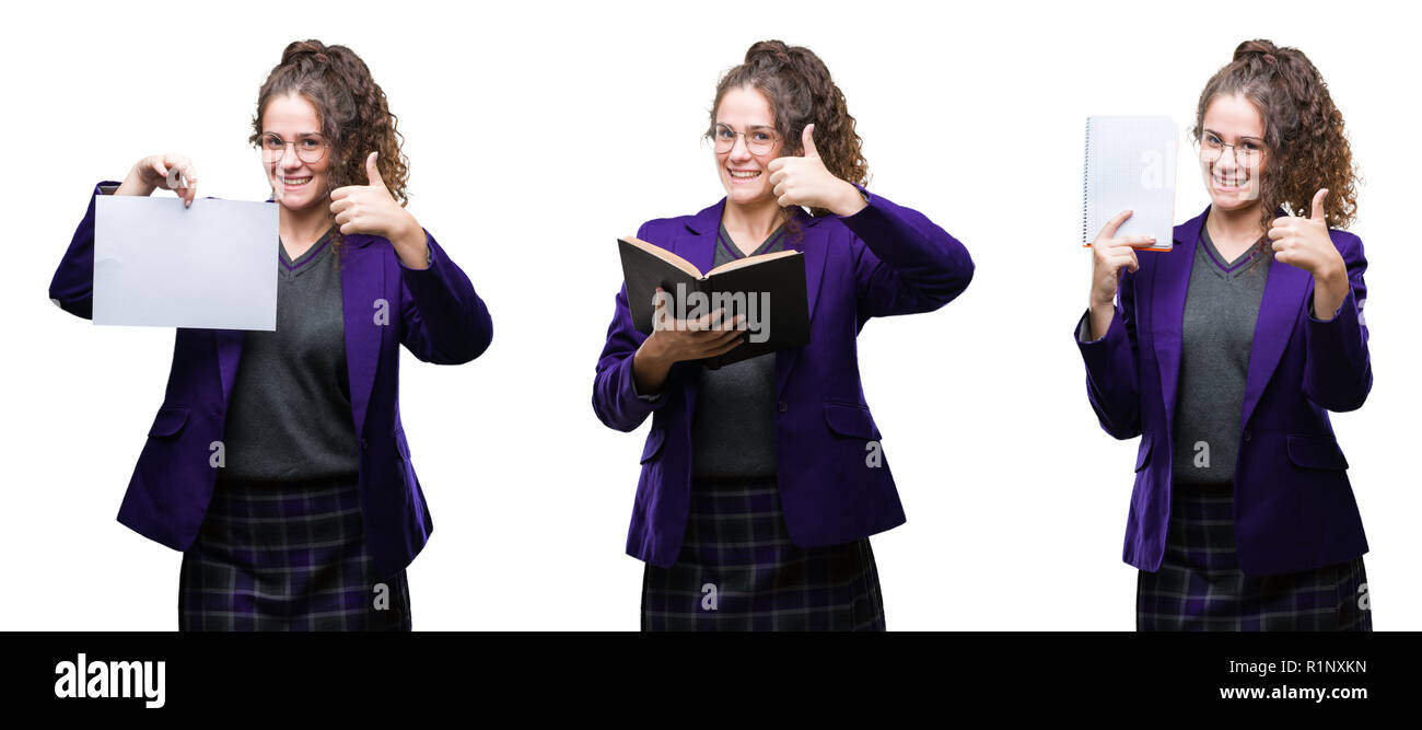 Collage of young student girl wearing school uniform holding degree ...