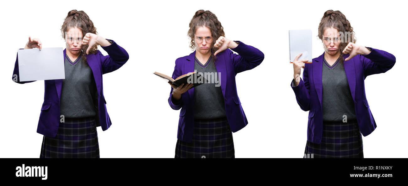 Collage of young student girl wearing school uniform holding degree ...