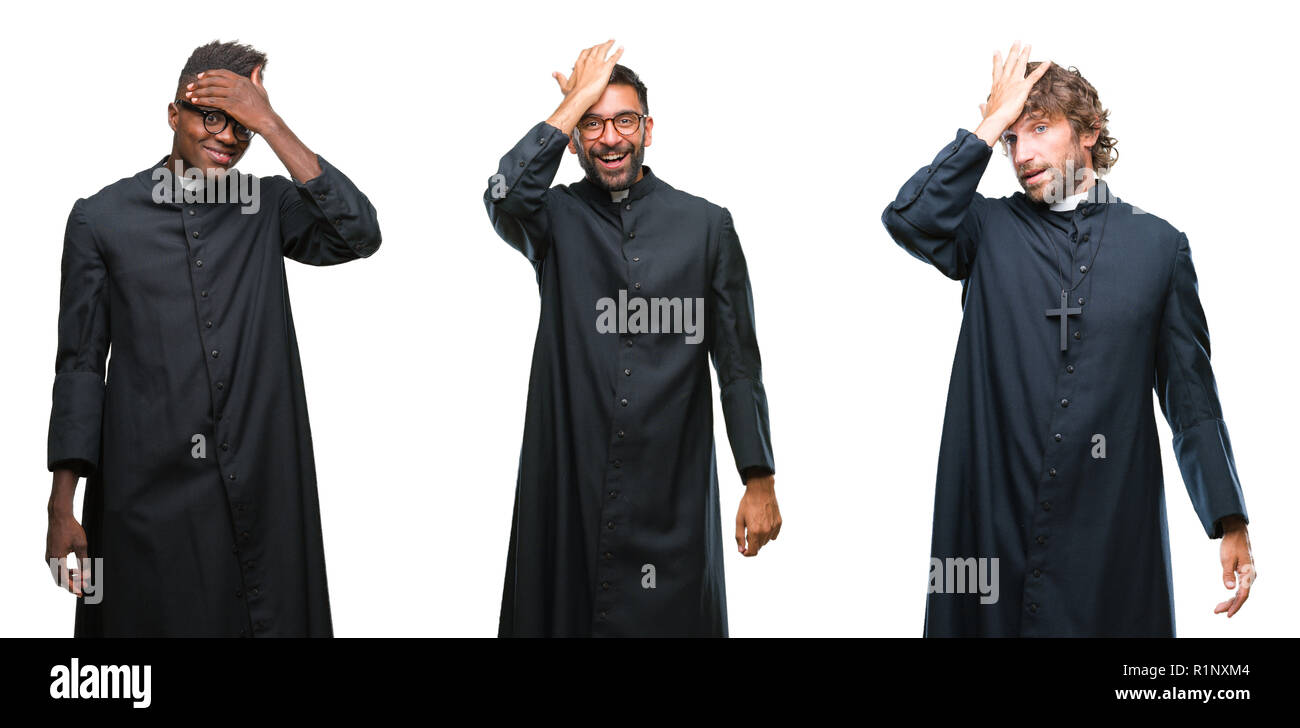 Collage of christian priest men over isolated background surprised with ...