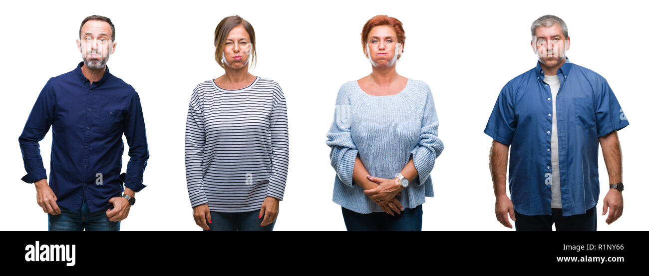 Collage of group of elegant middle age and senior people over isolated ...