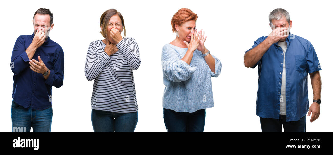 Collage of group of elegant middle age and senior people over isolated ...