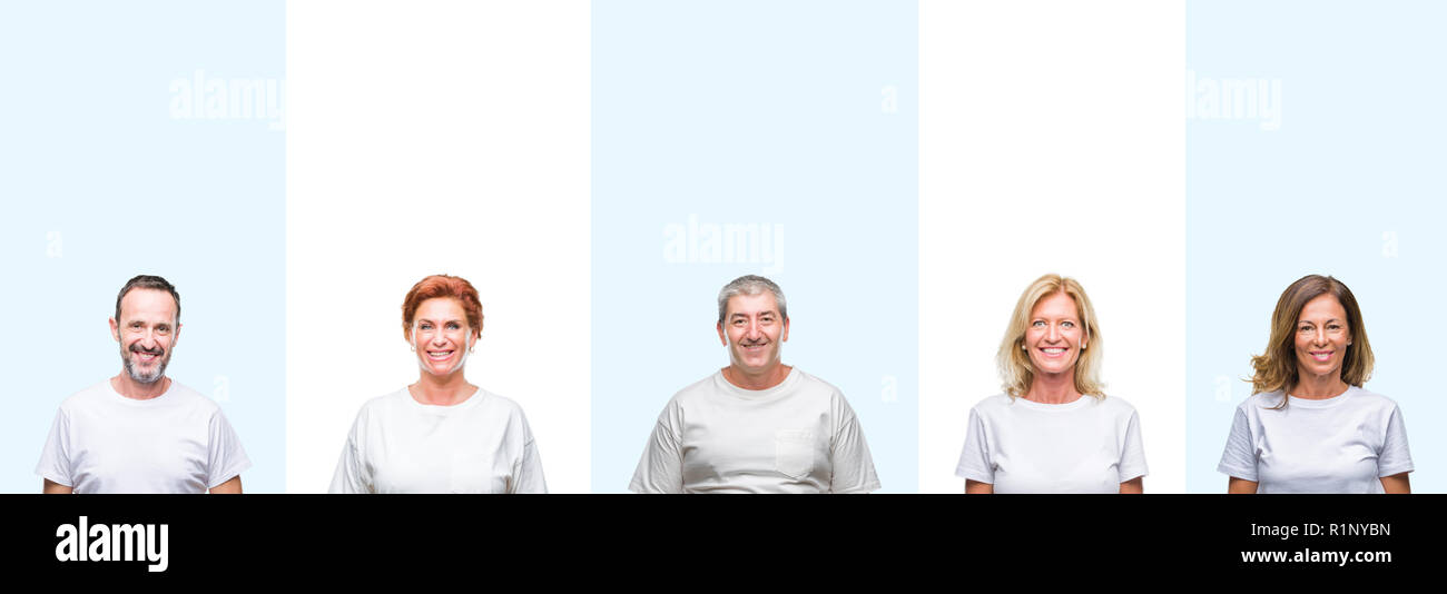 Collage of group middle age and senior people wearing white t-shirt ...
