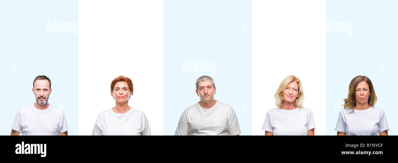 Collage of group middle age and senior people wearing white t-shirt ...
