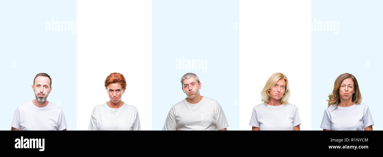 Collage of group middle age and senior people wearing white t-shirt ...