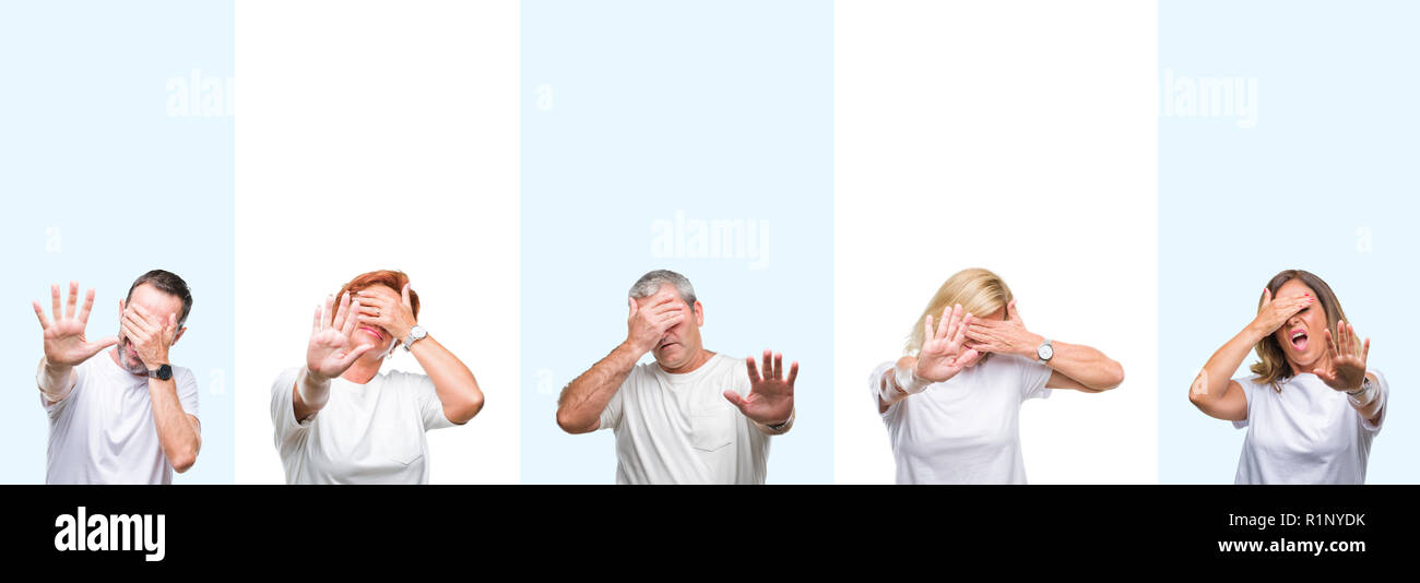 Collage of group middle age and senior people wearing white t-shirt ...
