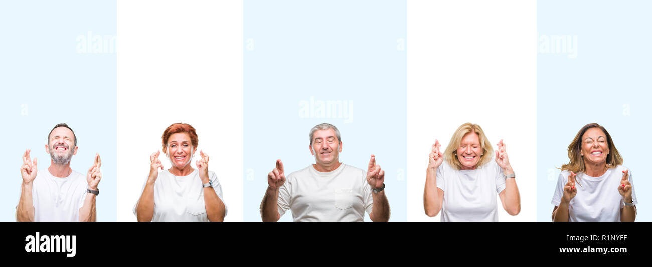 Collage of group middle age and senior people wearing white t-shirt ...