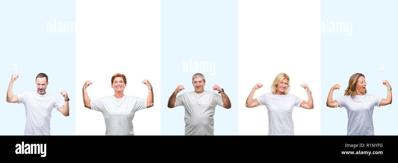 Collage of group middle age and senior people wearing white t-shirt ...