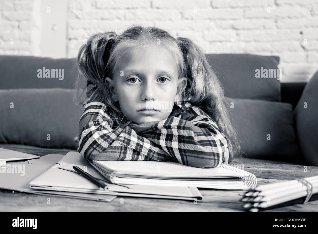 Beautiful cute blonde 9 years elementary student feeling sad bored and ...