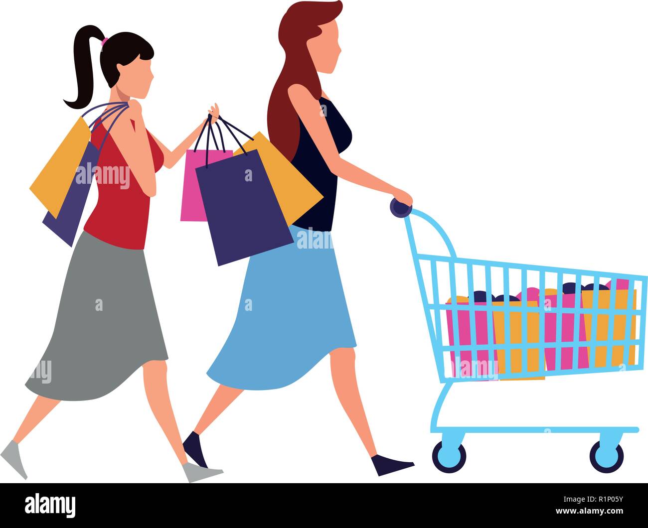 women with shopping cart and bags cartoon vector illustration graphic ...