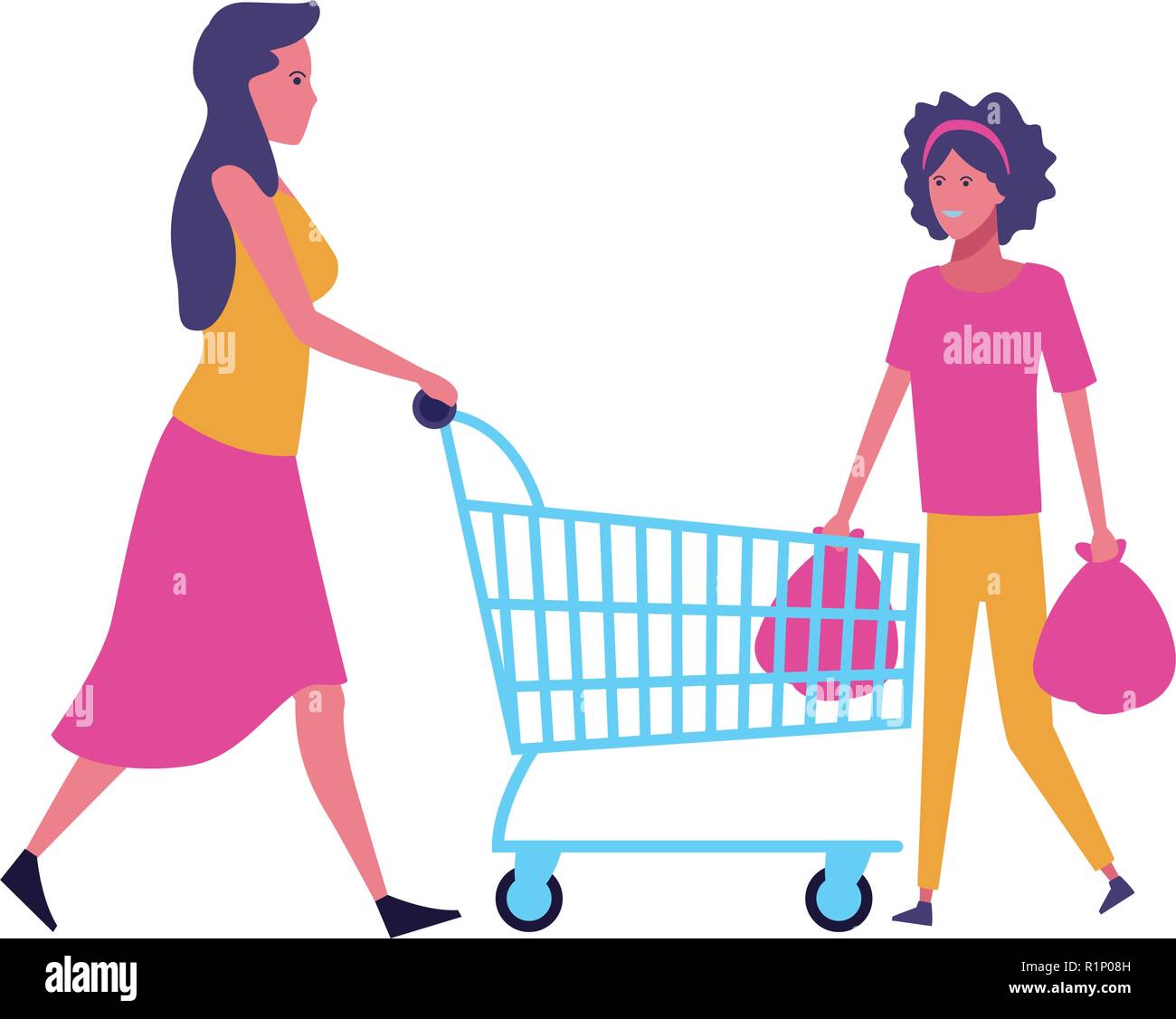 mother pushing shopping cart and daugther with bags cartoon vector ...