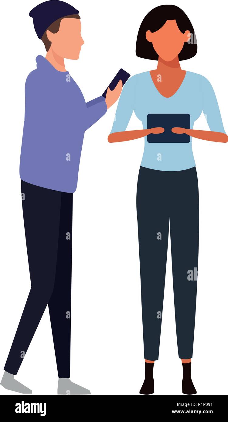 Friends with smartphone and tablet cartoon vector illustration graphic ...