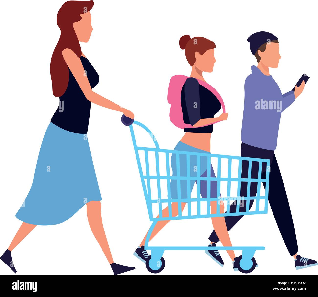 mother pushing shopping cart and youngs walking cartoon vector ...