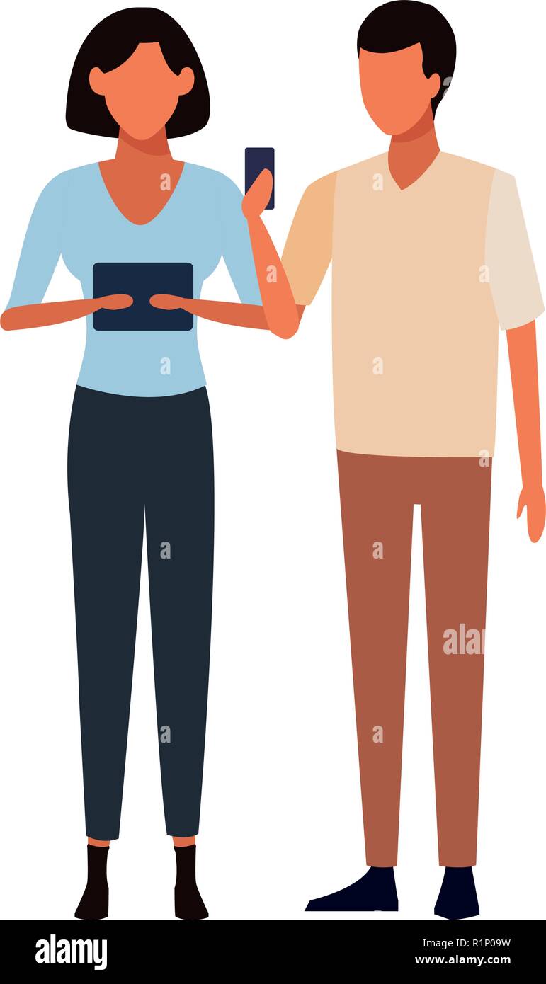 Friends with smartphone and tablet cartoon vector illustration graphic ...