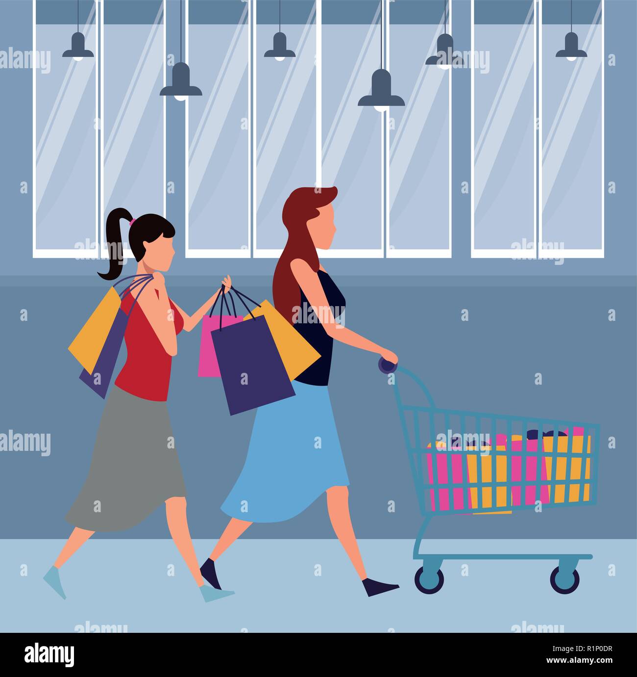 women with shopping cart and bags cartoon inside mall building vector ...