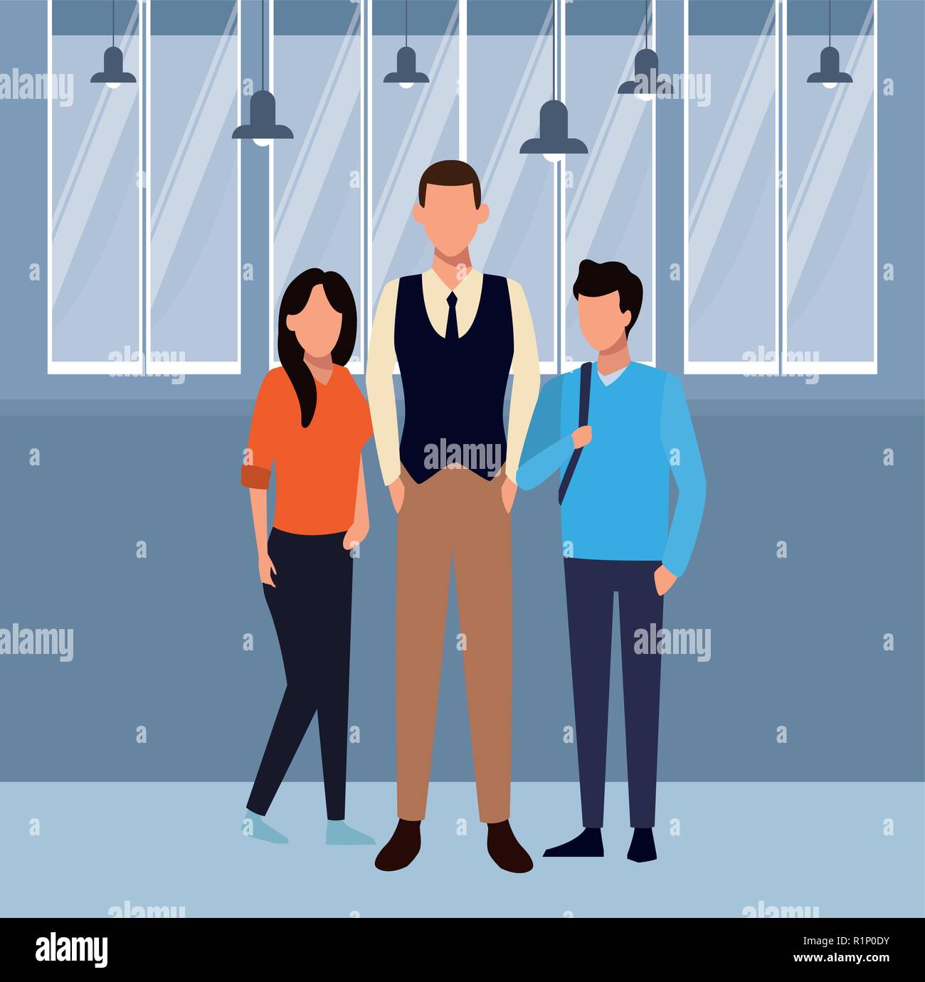 Man and youngs cartoons inside mall building vector illustration ...