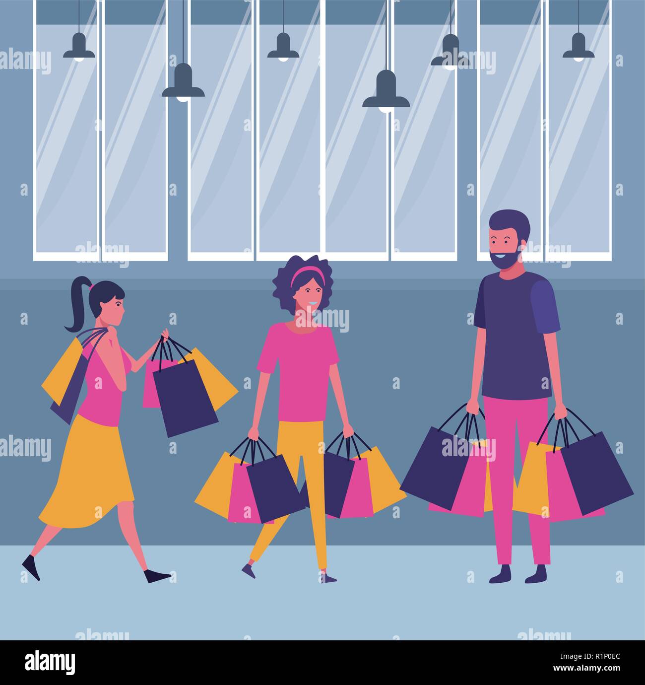 People walking with shopping bags cartoon inside mall building vector ...