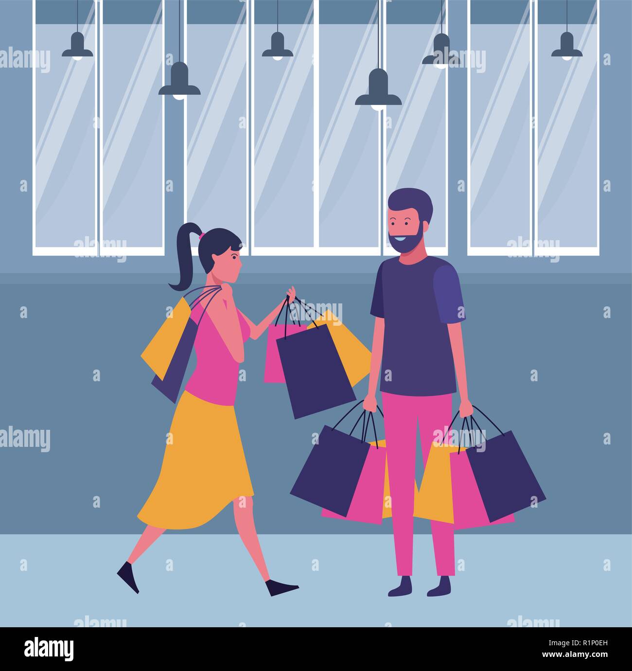 Couple with shopping bags and gifts cartoon inside mall building vector ...
