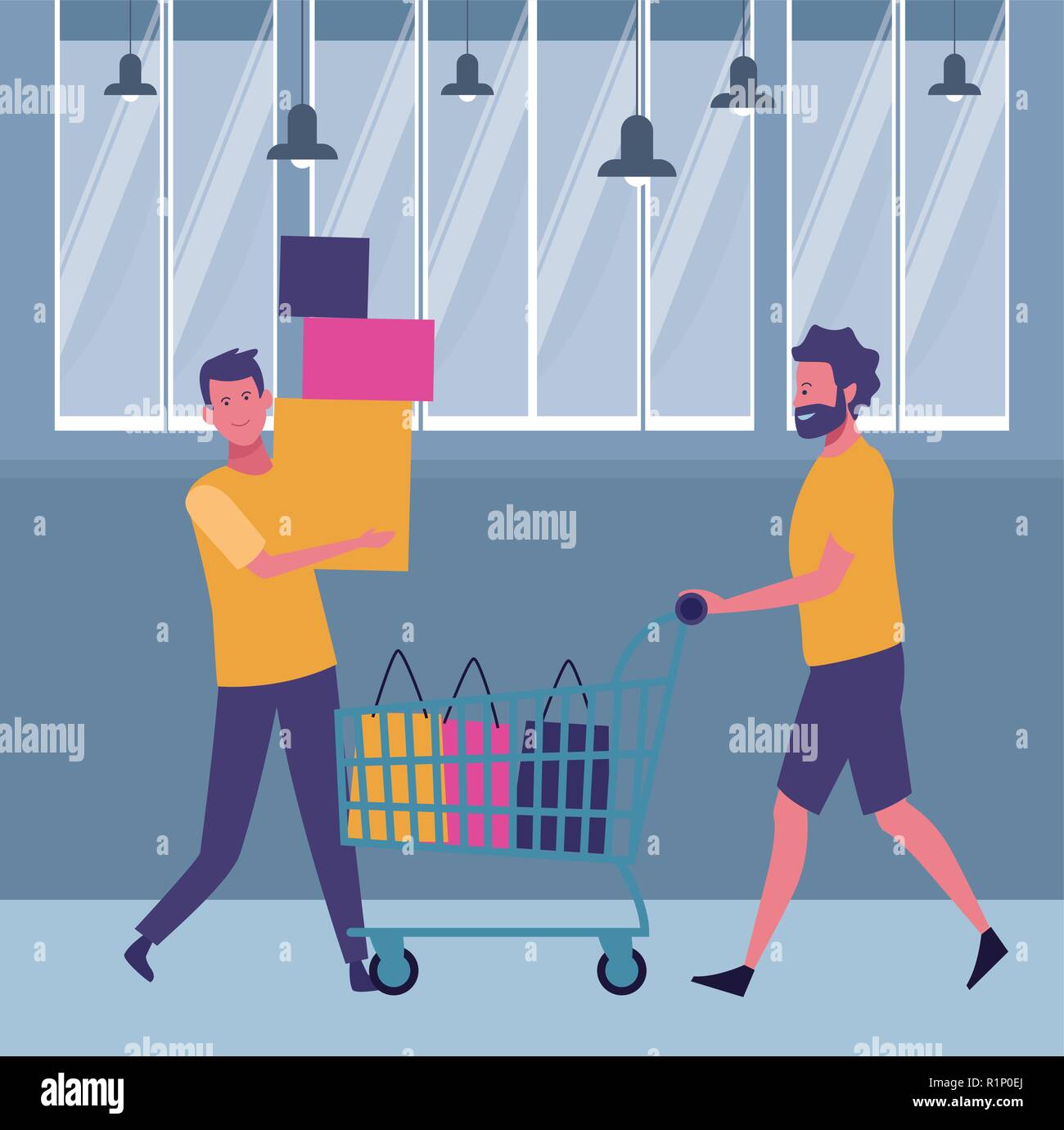 Male friends with shopping cart and bags cartoon inside mall building ...