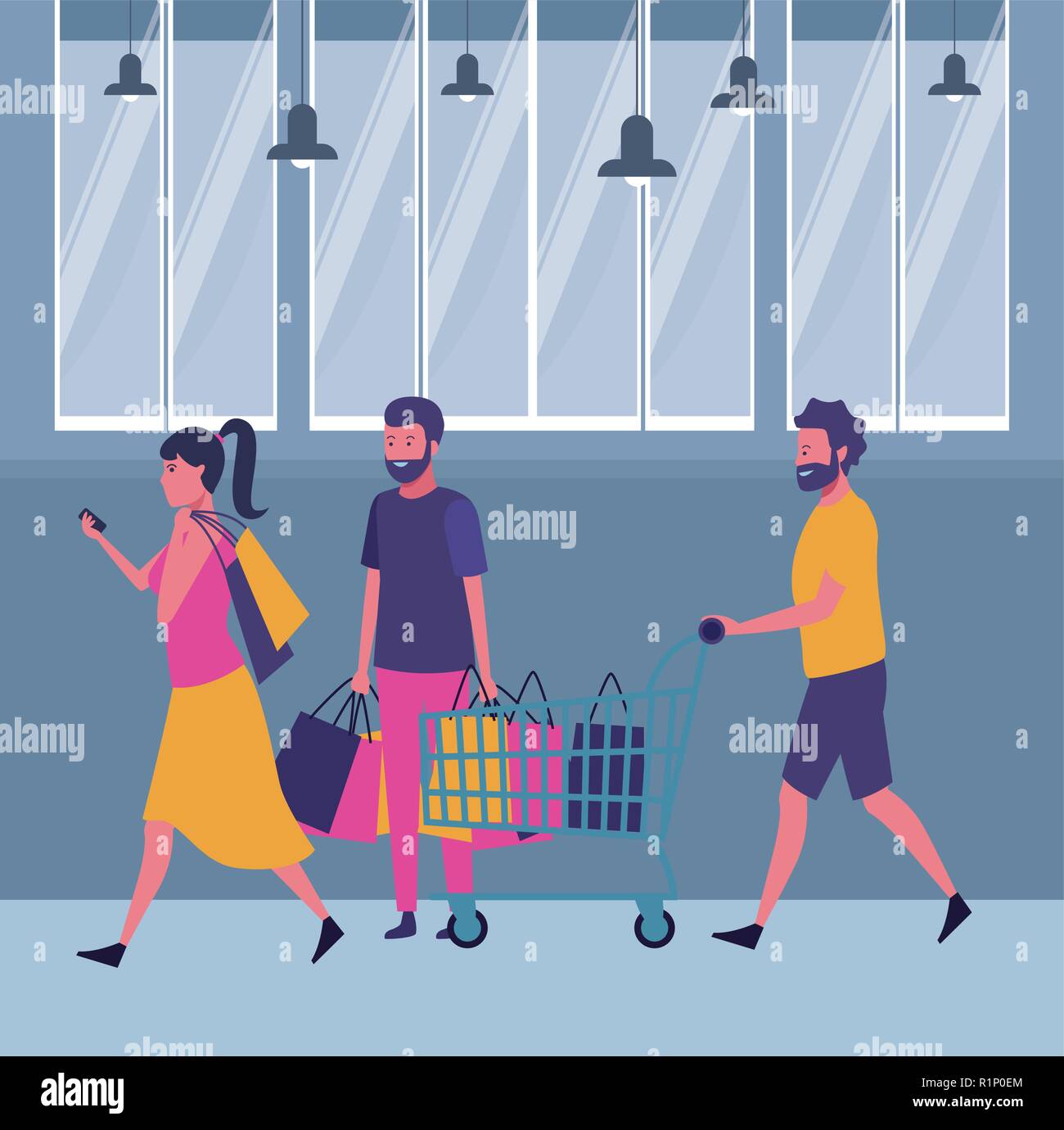 Friends walking with shopping cart and bags cartoon inside mall ...